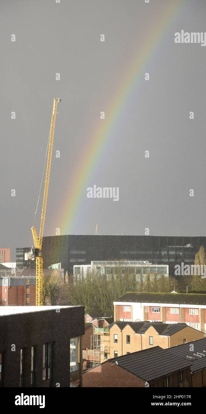 Manchester, UK, 18th February, 2022. A rainbow appears over the ...