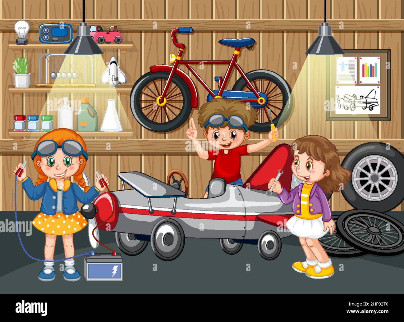 Children repairing a car together in the garage illustration Stock ...