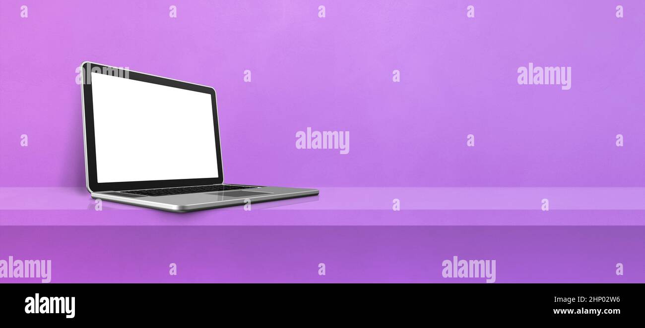 Laptop computer on purple shelf background banner. 3D Illustration ...