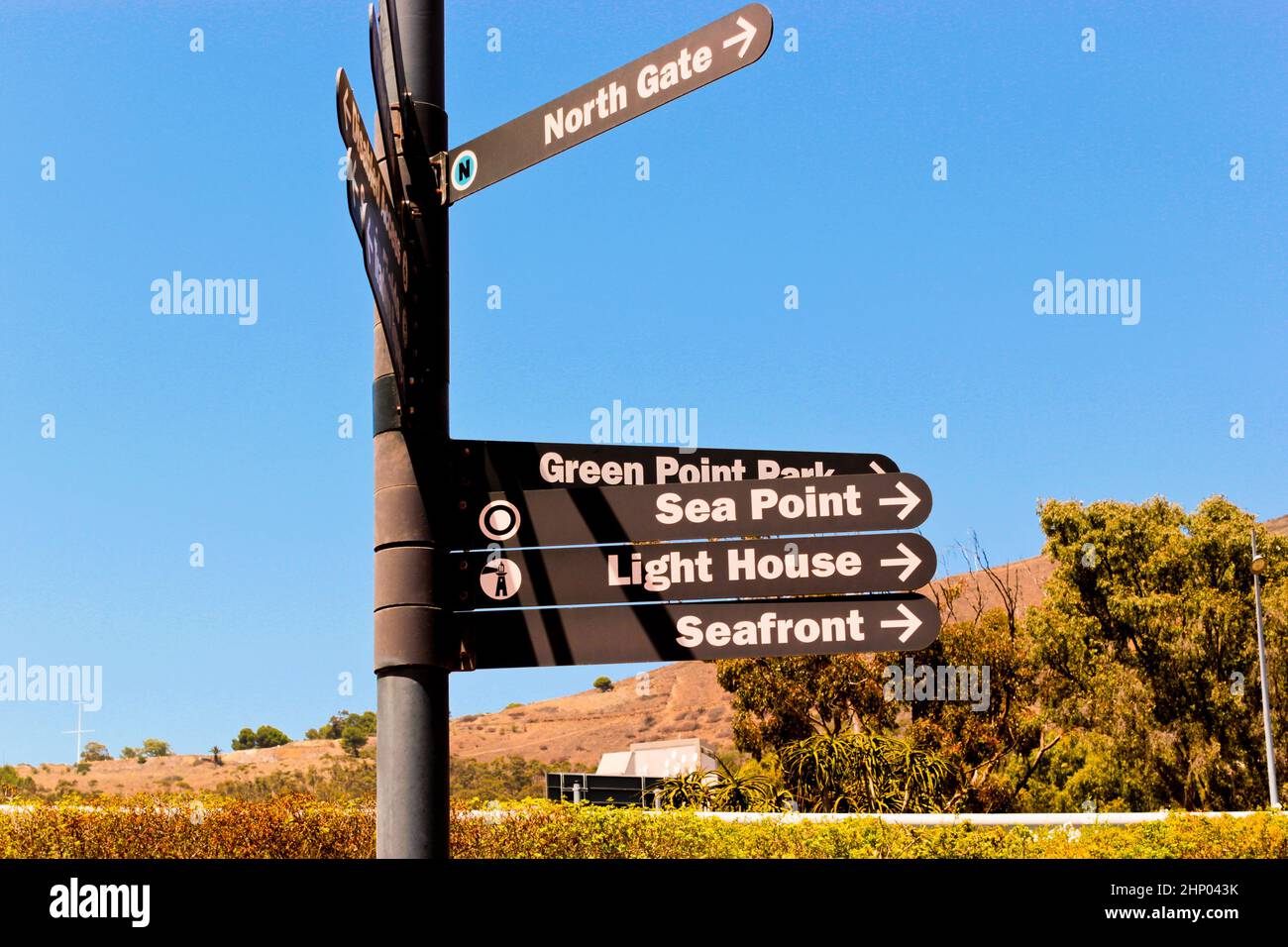 Street signs signpost in Cape Town towards Sea Point Green Point Park ...