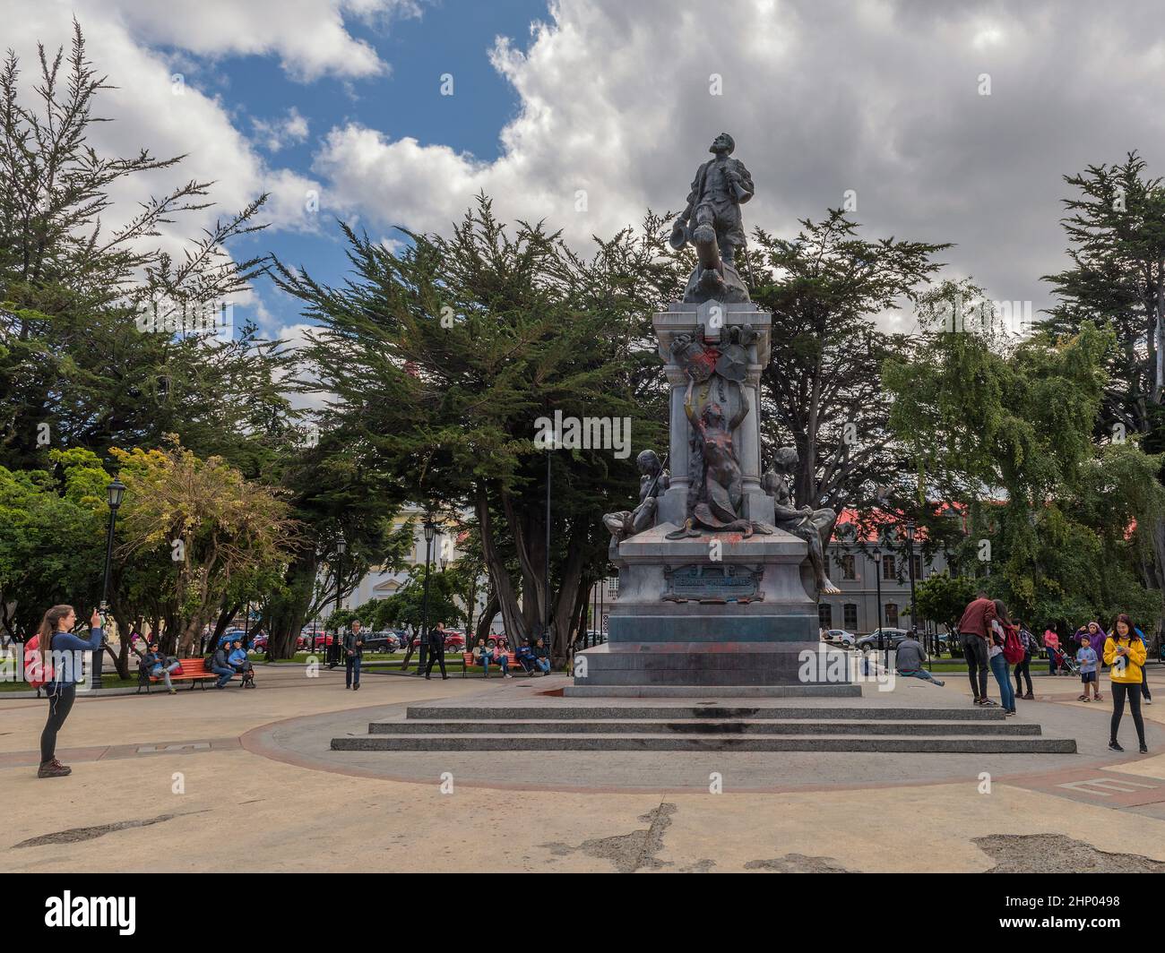 Statue of Ferdinand Magellan in the Plaza de Armas, Punta Arenas, Chile ...