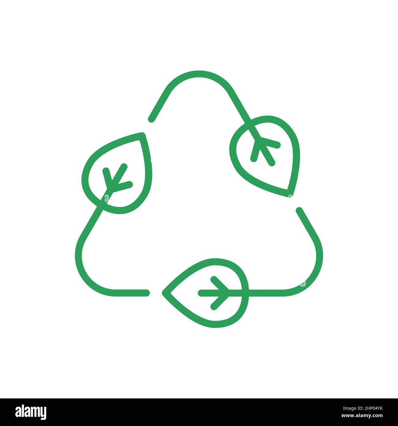 Biodegradable line icon. Green compostable symbol. Triangle arrows with leaf. Recycling sign ...
