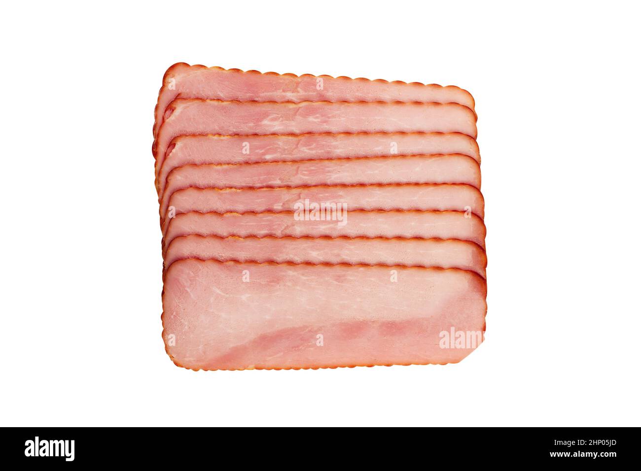 top view of rectangular square slices of smoked pork loin ham isolated ...