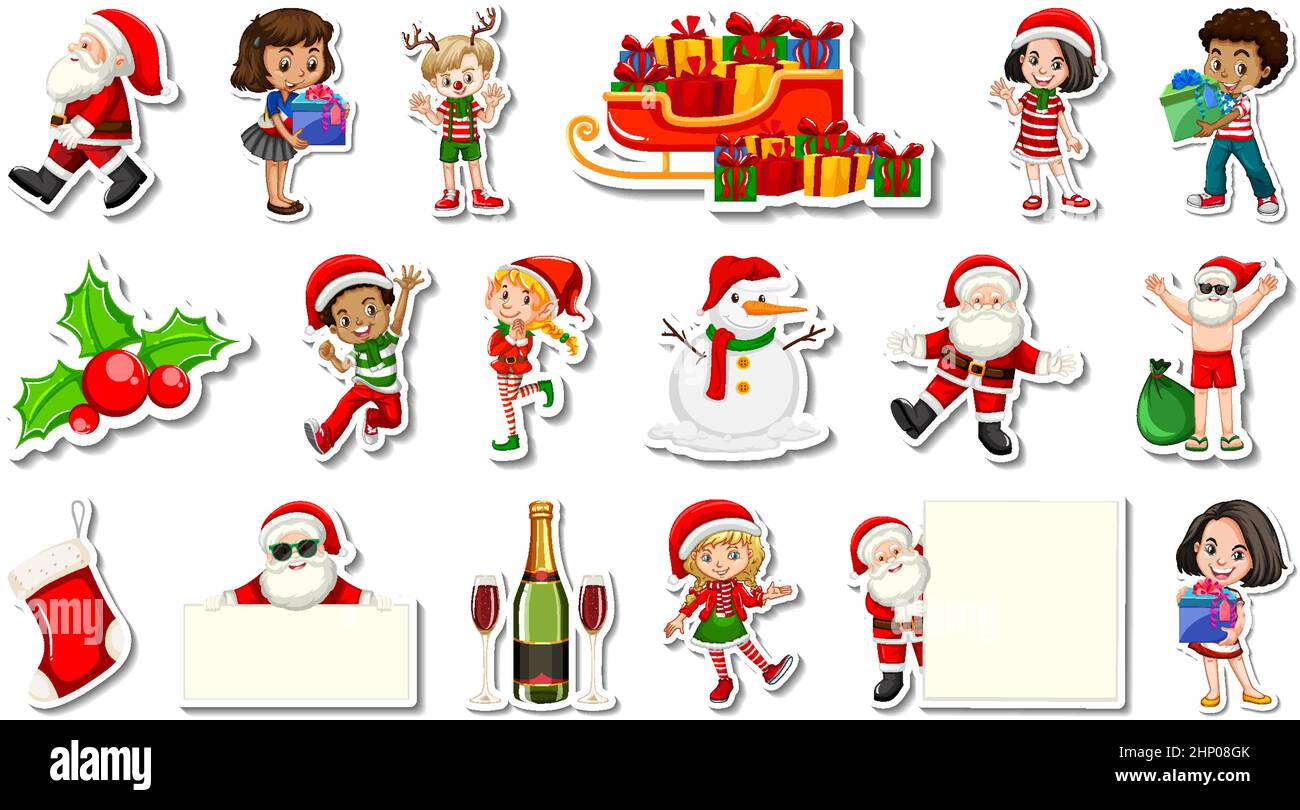 Set of Christmas objects and cartoon characters illustration Stock ...