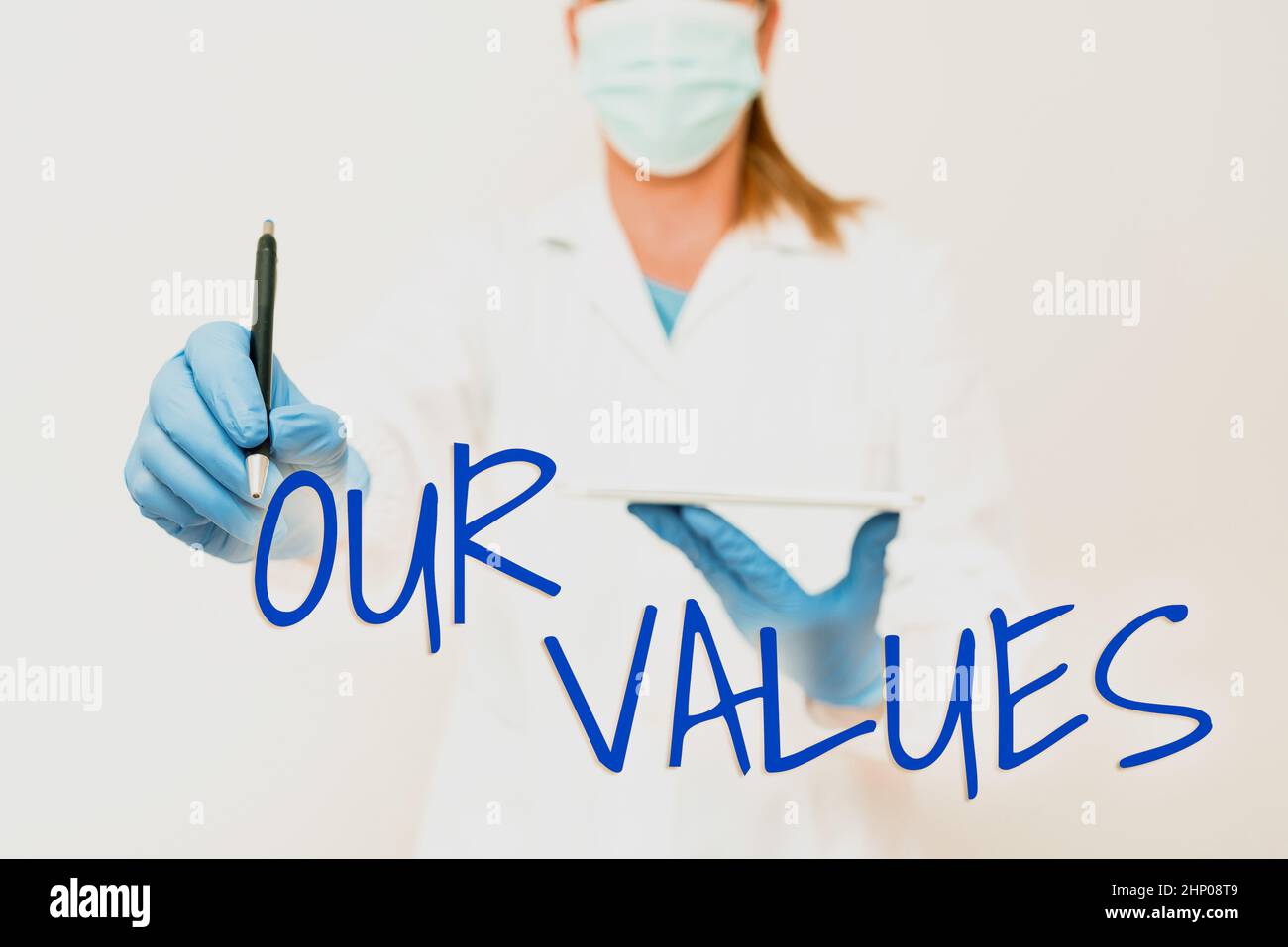 Hand writing sign Our Values, Word Written on things that you believe ...