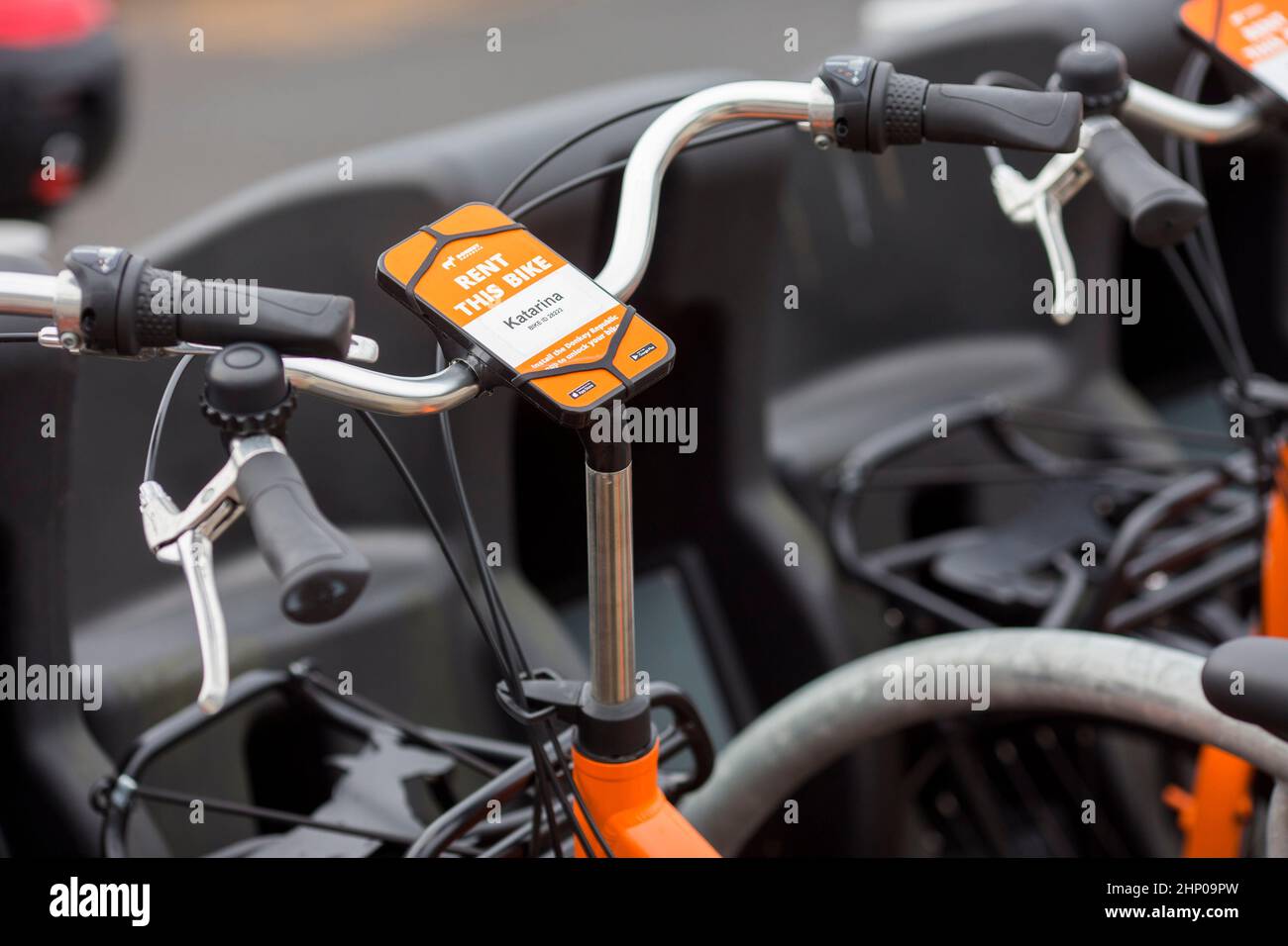 Donkey Republic cycle hire bikes at Dartford railway station in Kent ...