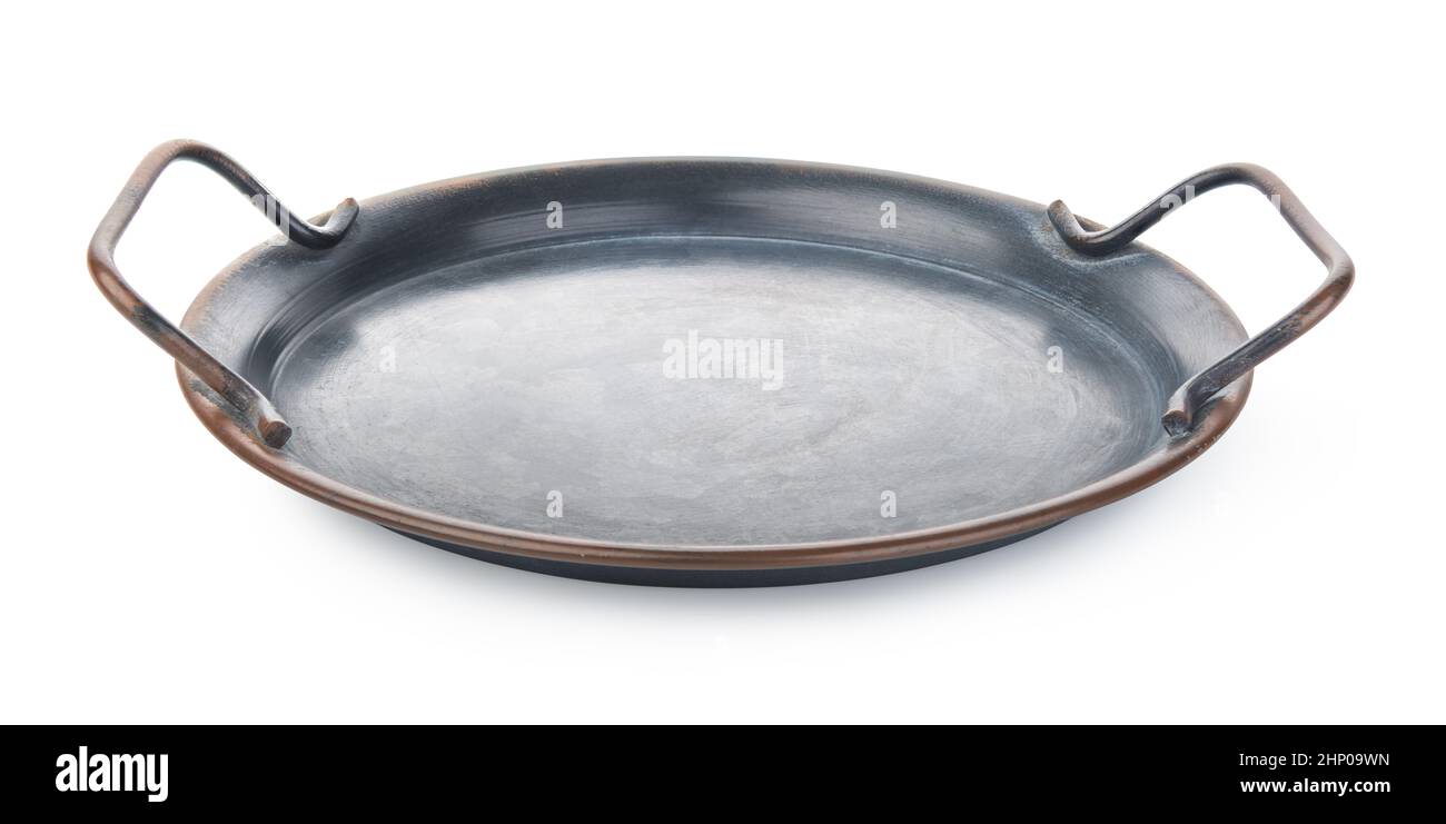 Round metal dish with handles isolated on white Stock Photo - Alamy