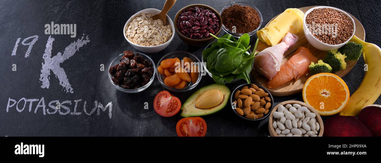 Composition with food products rich in potassium Stock Photo - Alamy
