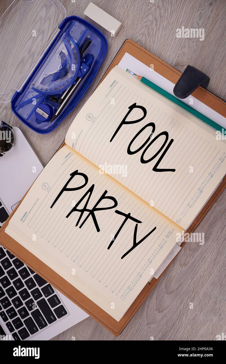 Hand writing sign Pool Party, Internet Concept celebration that ...