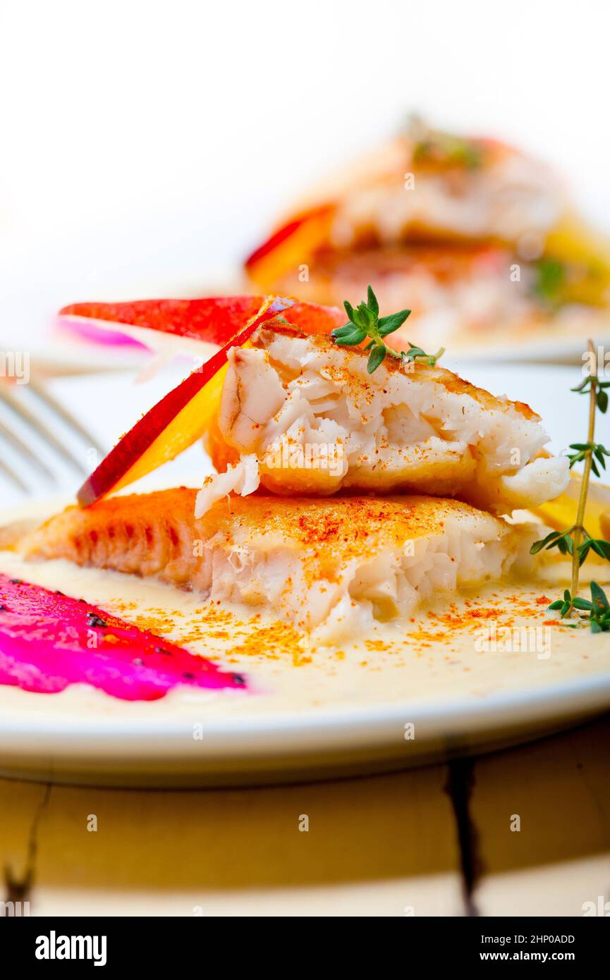 sea bream orata fillet butter pan fried with fresh peach prune and ...