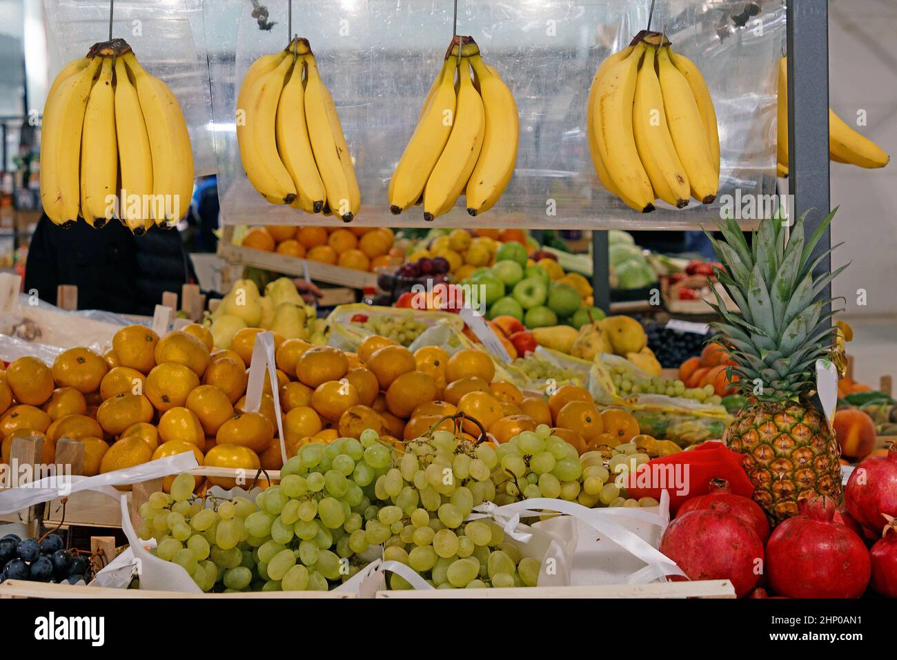 Fresh organic fruits sold on outdoors market stall full with tropical ...
