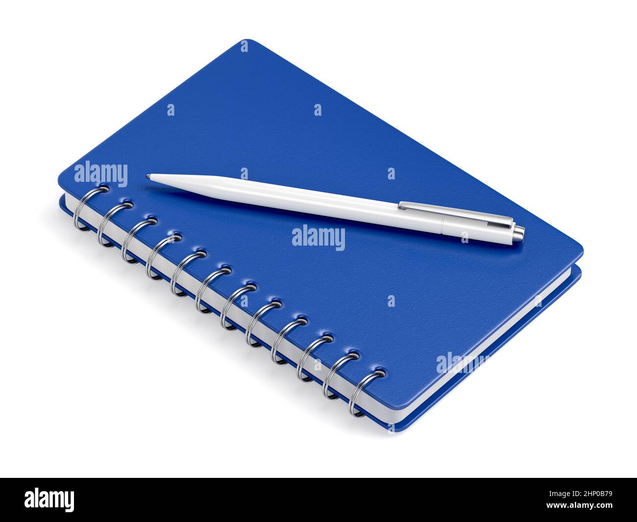 Blue spiral notebook and pen on white background Stock Photo - Alamy