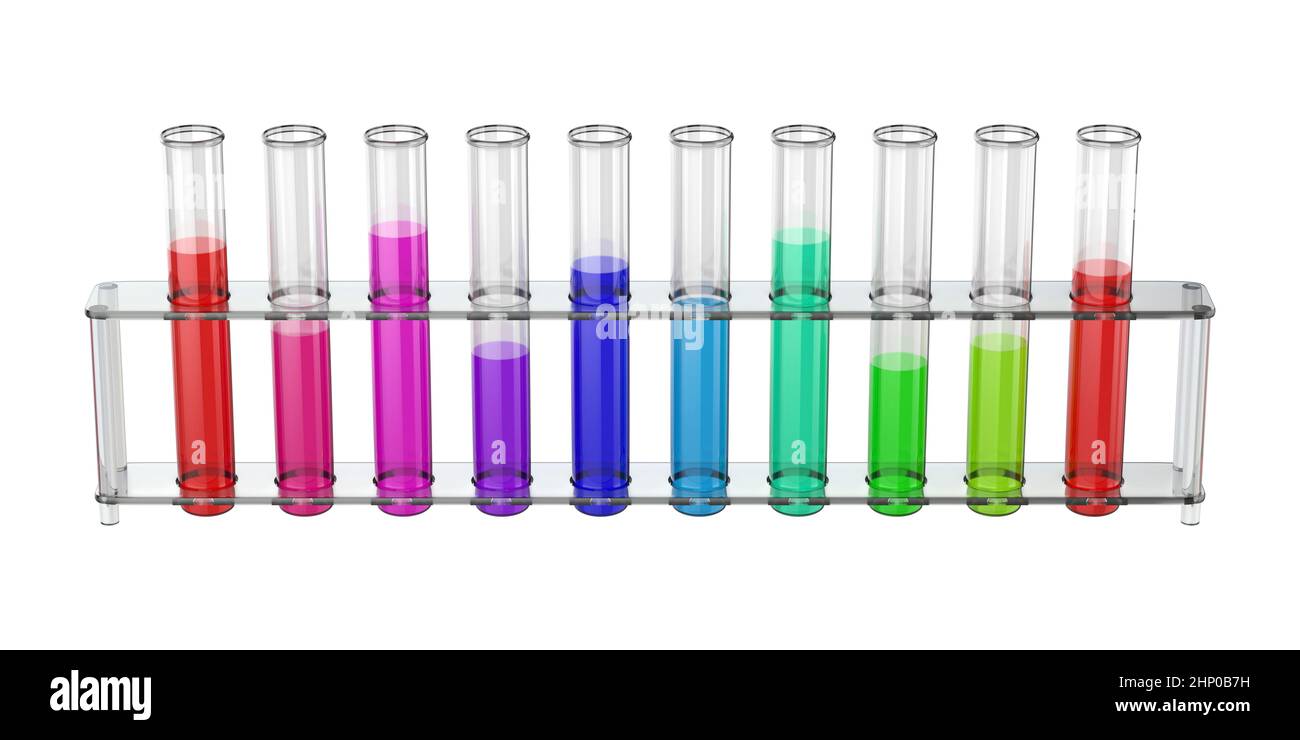 Test tubes with colorful liquids in a rack on white background Stock ...
