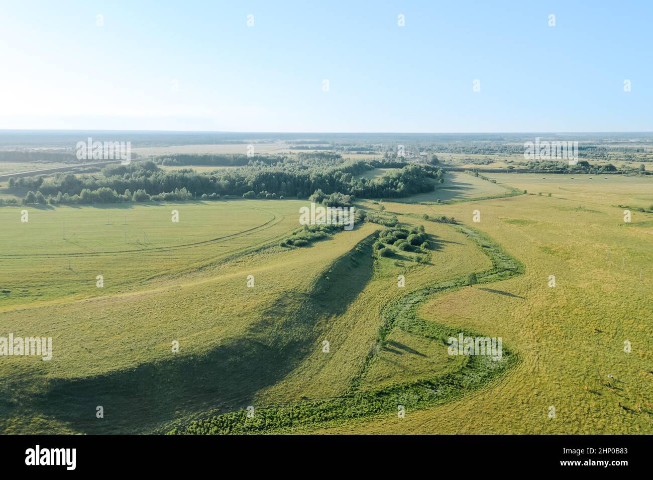 Aerial view of green meadow. Perspective view of beautiful summer field ...