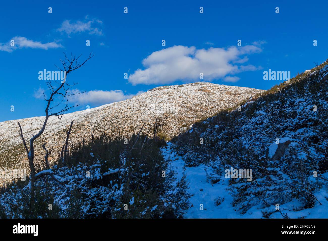 Winter landscape with snow in mountains of Serra do Geres natural park ...