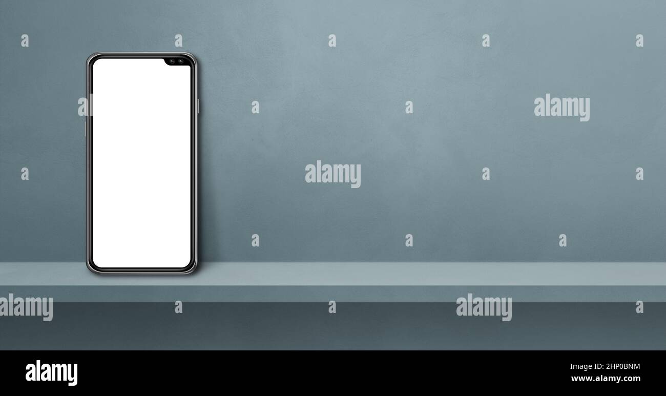 Mobile phone on grey wall shelf. Horizontal background banner. 3D ...