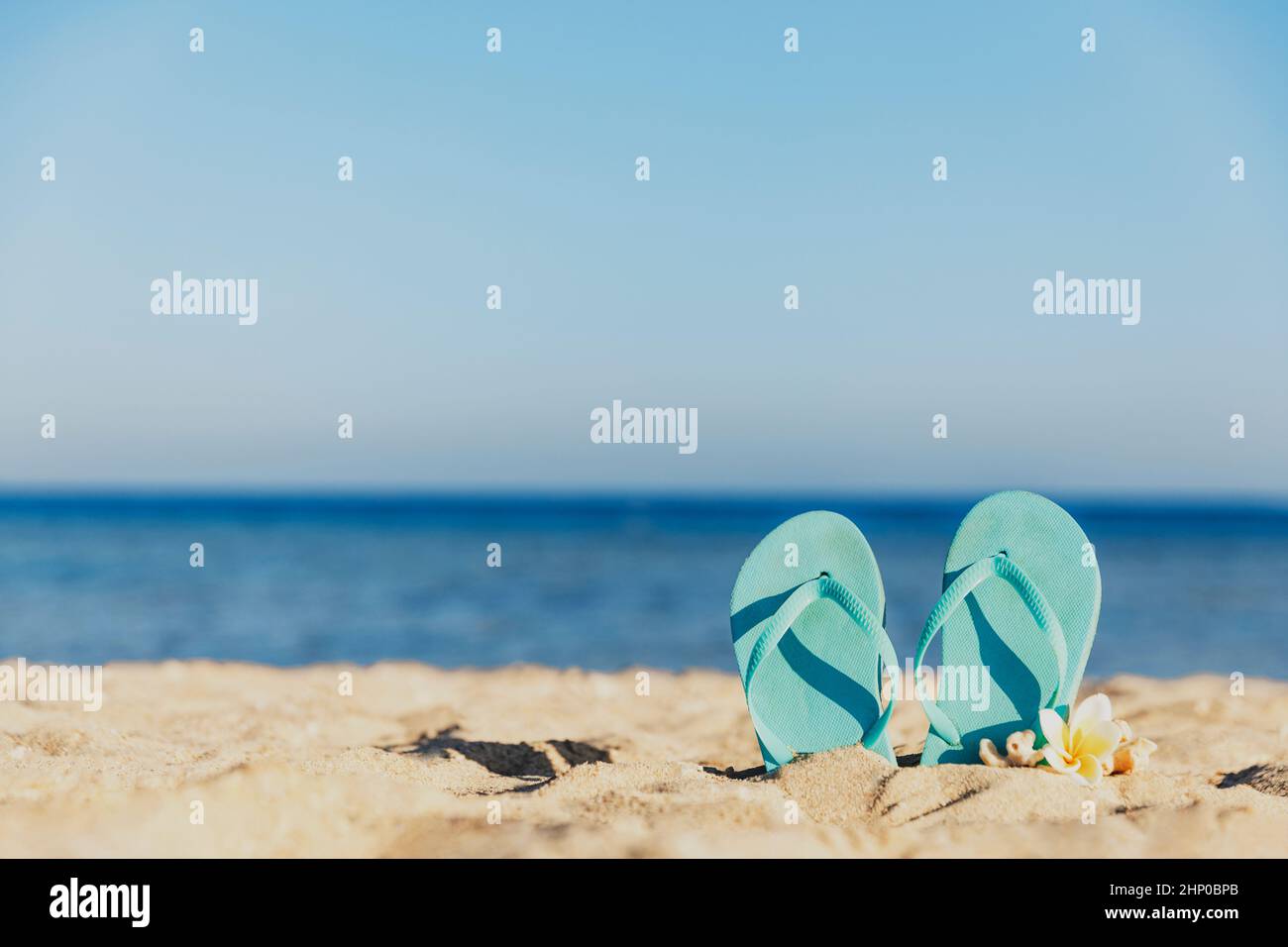 Flip flops stuck in the sand on a sandy beach by the sea or ocean ...