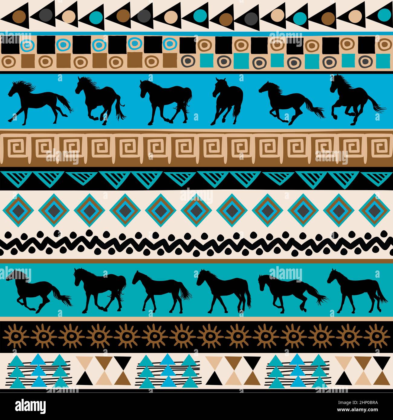 Tribal ethnic pattern with horses silhouettes and traditional symbols ...