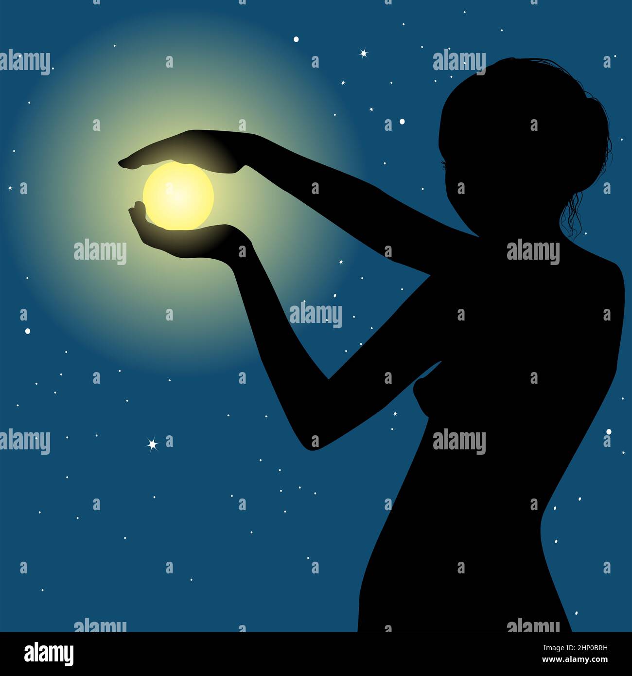 Silhouette of a beautiful woman holding the moon in her hands Stock ...