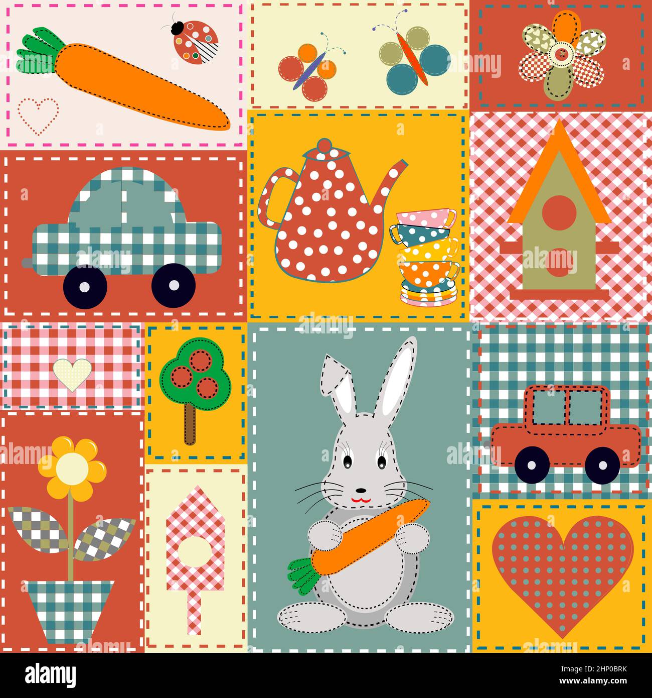 Scrapbook patchwork with bunny and sewn items Stock Photo - Alamy