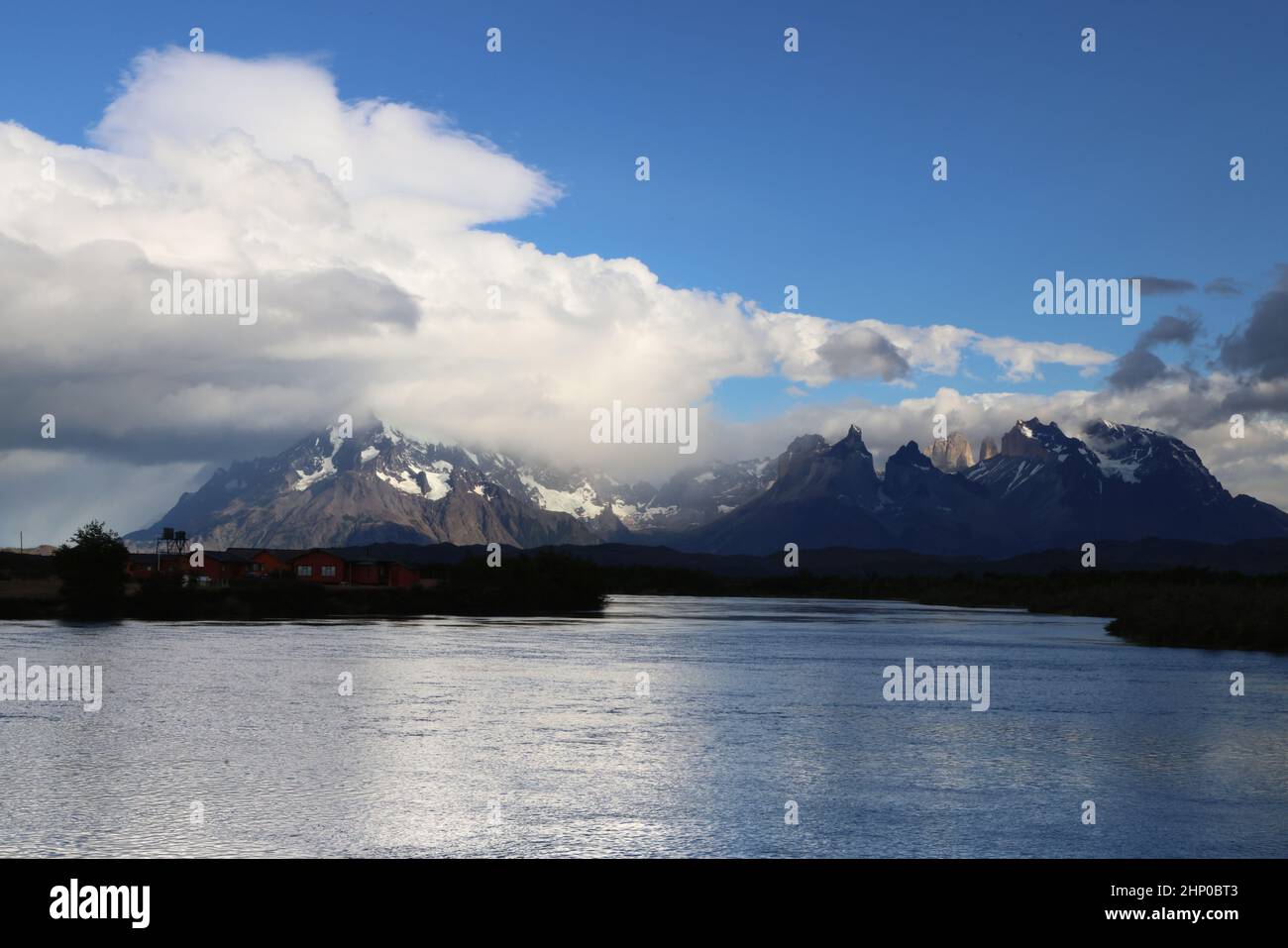The Rio Serrano with mountains in the background in the early morning ...