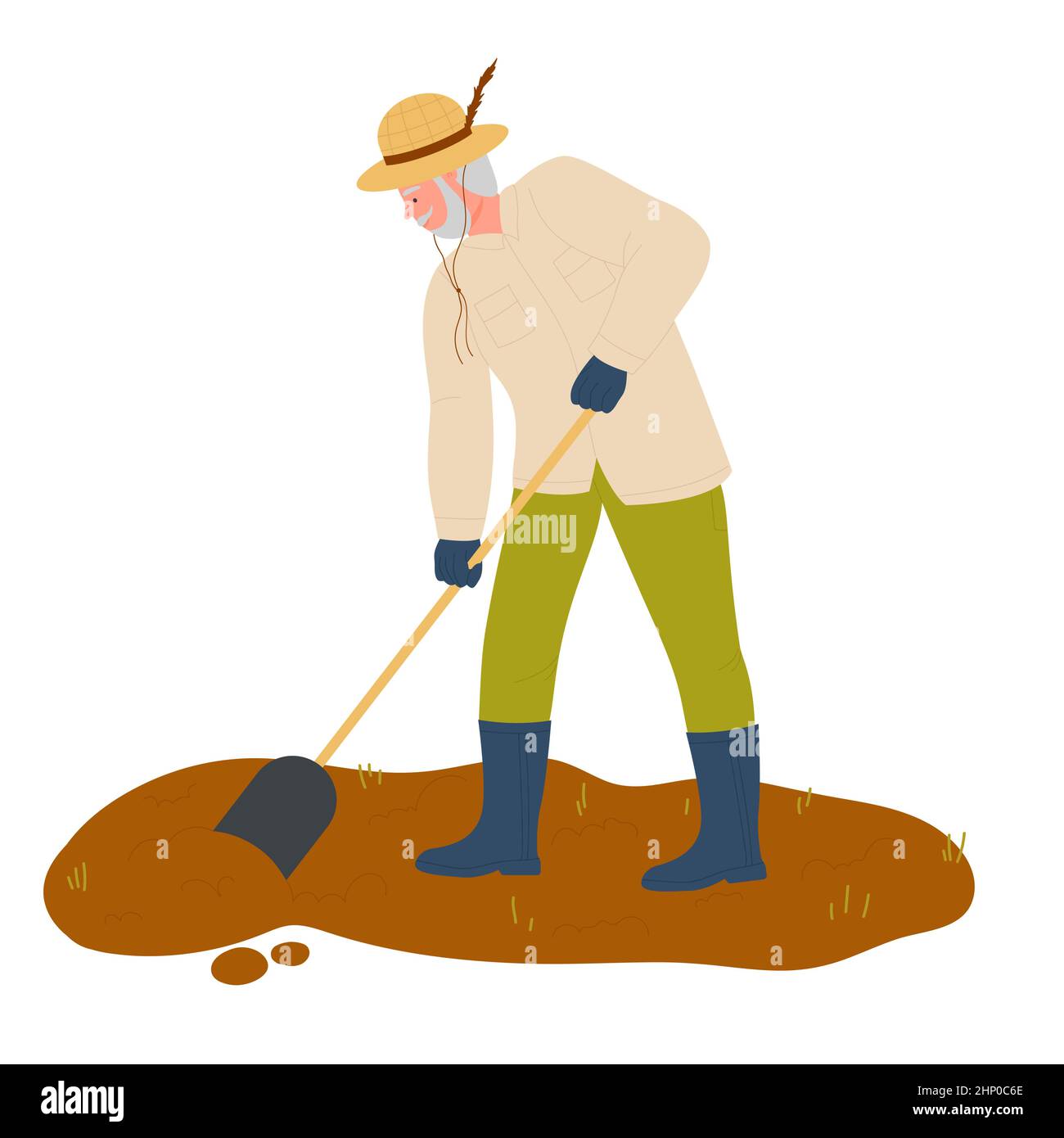 Farming man working on field with shovel. Practice of plants and seeds ...