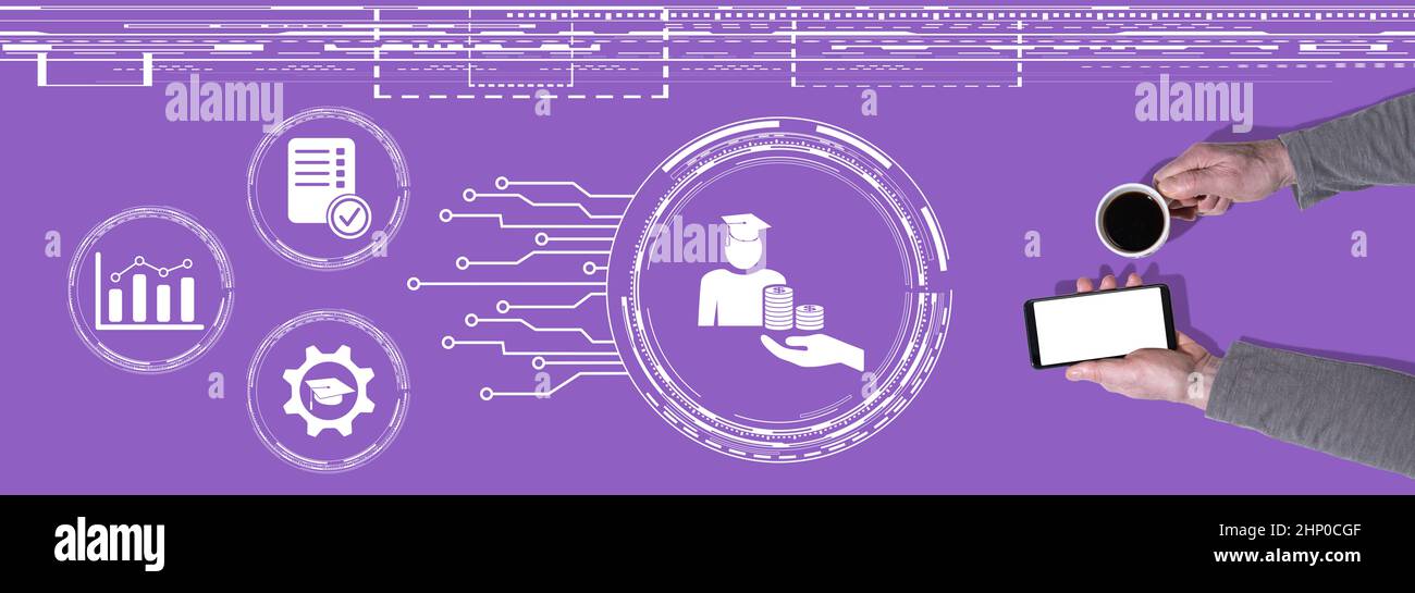 Top view of hands holding a mobile phone and a cup of coffee with ...