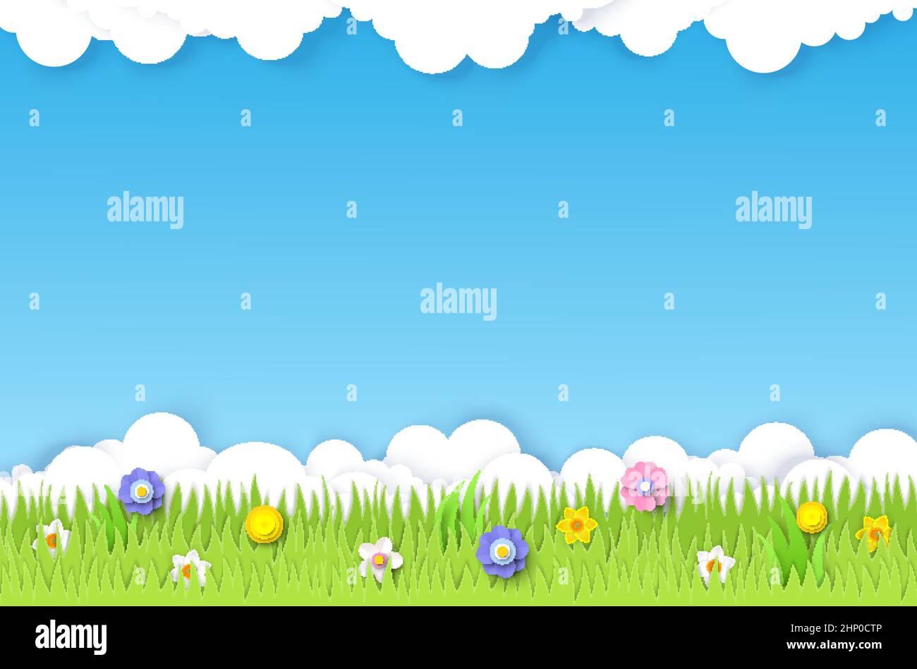 Spring field, vector paper cut illustration. Green grass, spring ...