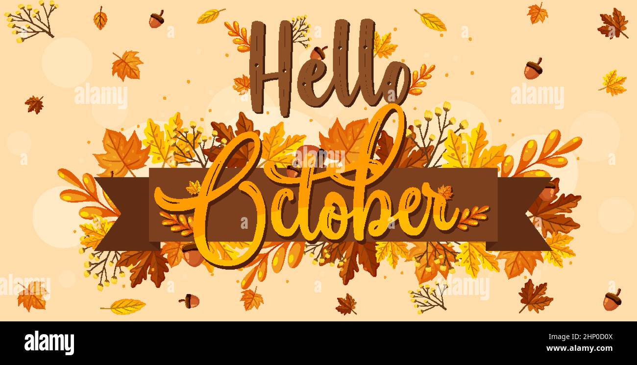 Hello October logo with ornamental autumn leaf illustration Stock ...