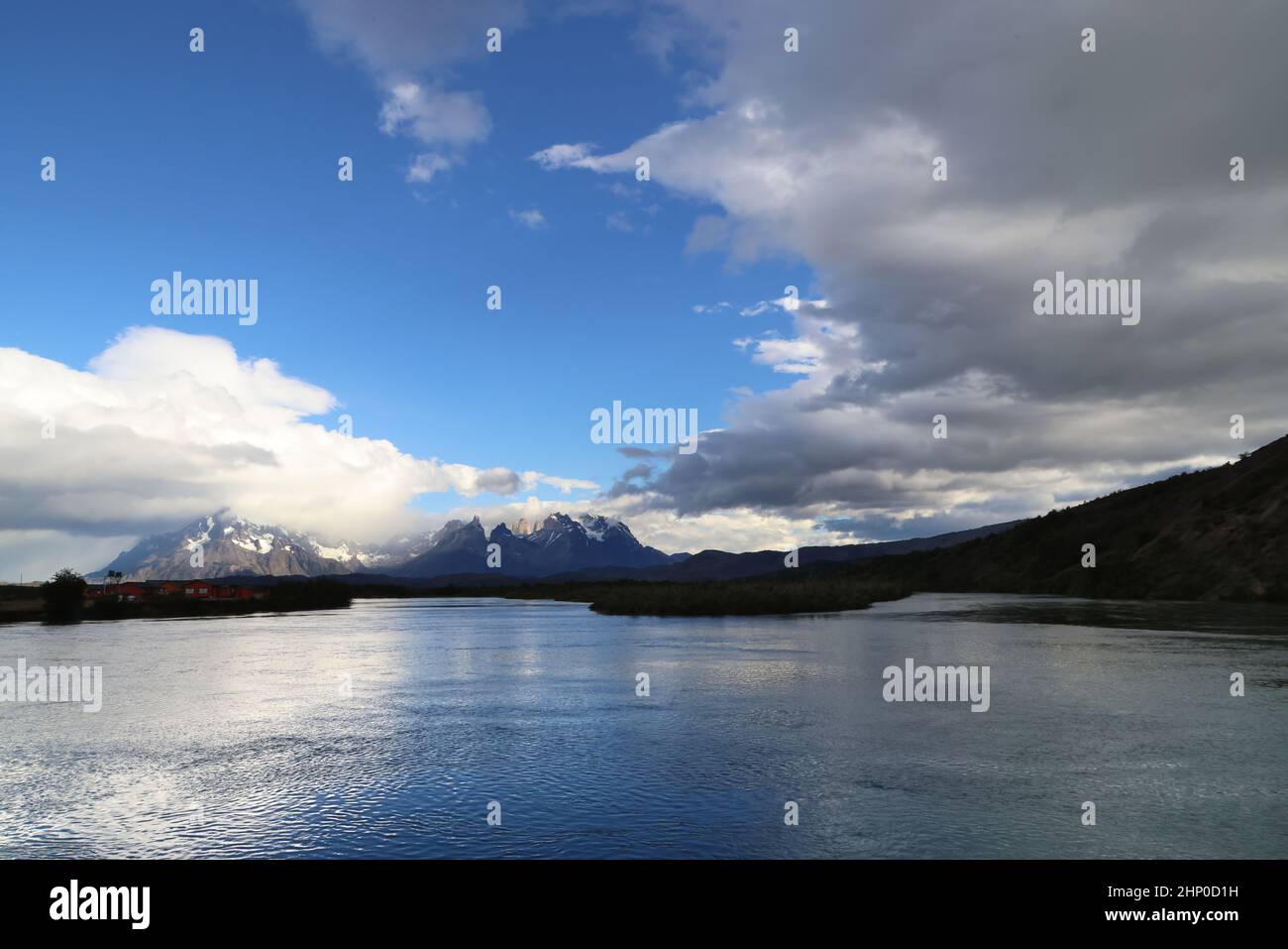 The Rio Serrano with mountains in the background in the early morning ...