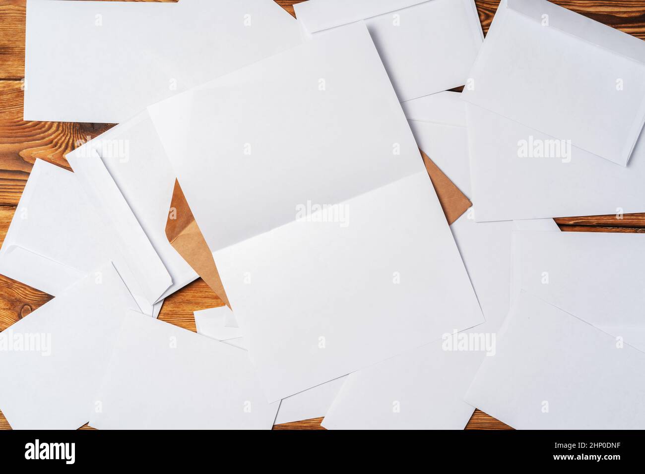 Stack of envelopes on working desk top view. Business mail Stock Photo ...