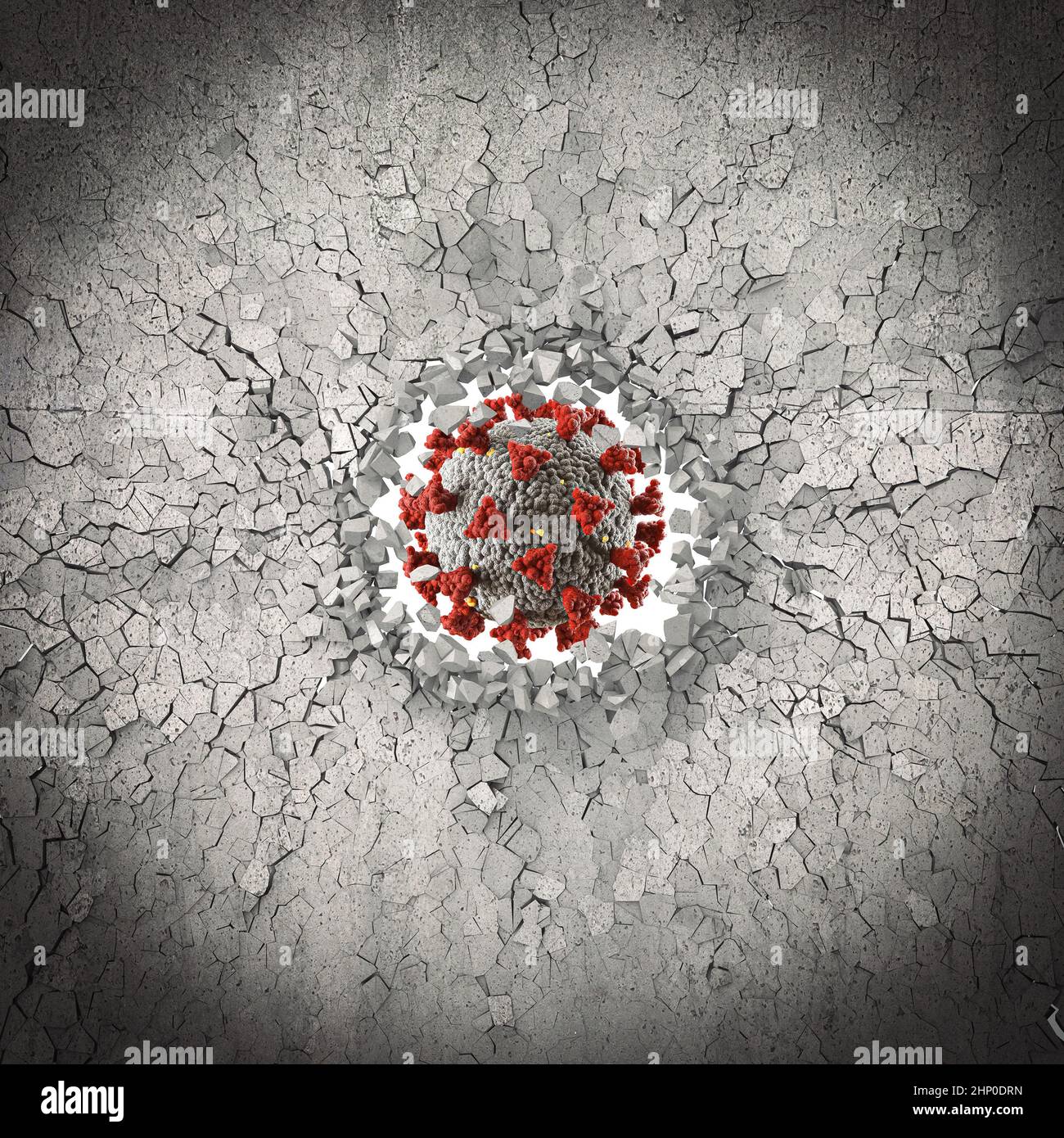 representation of the covid 19 virus destroying a wall. 3d render Stock ...