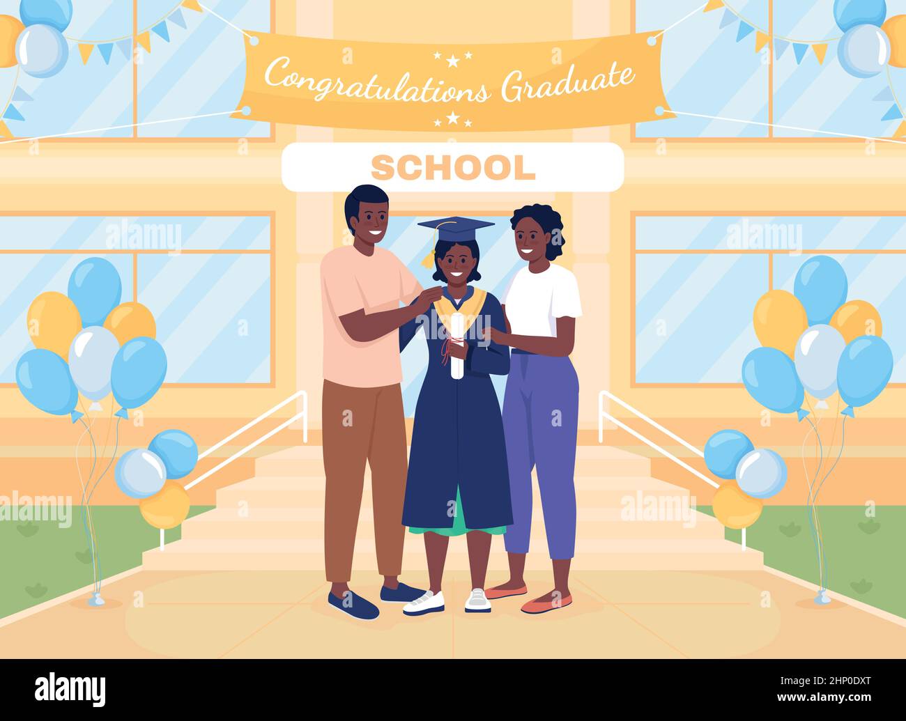 Parents and daughter graduate flat color vector illustration Stock ...