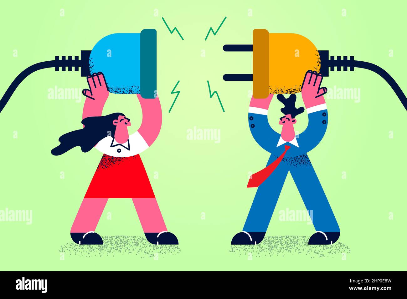 Businesspeople hold plugs in hands connect power socket work cooperate ...