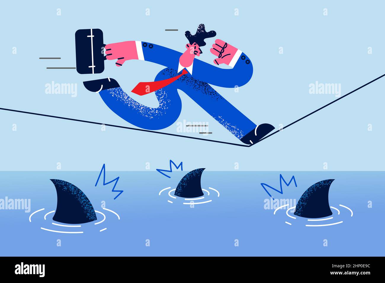 Anxious businessman run on thin rope with sharks underneath involved in ...