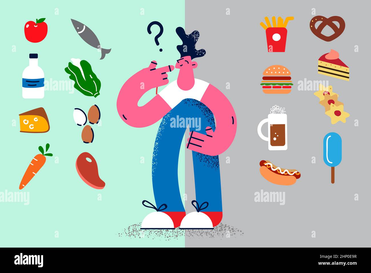 Pensive man make decision among healthy and unhealthy food. Thoughtful ...
