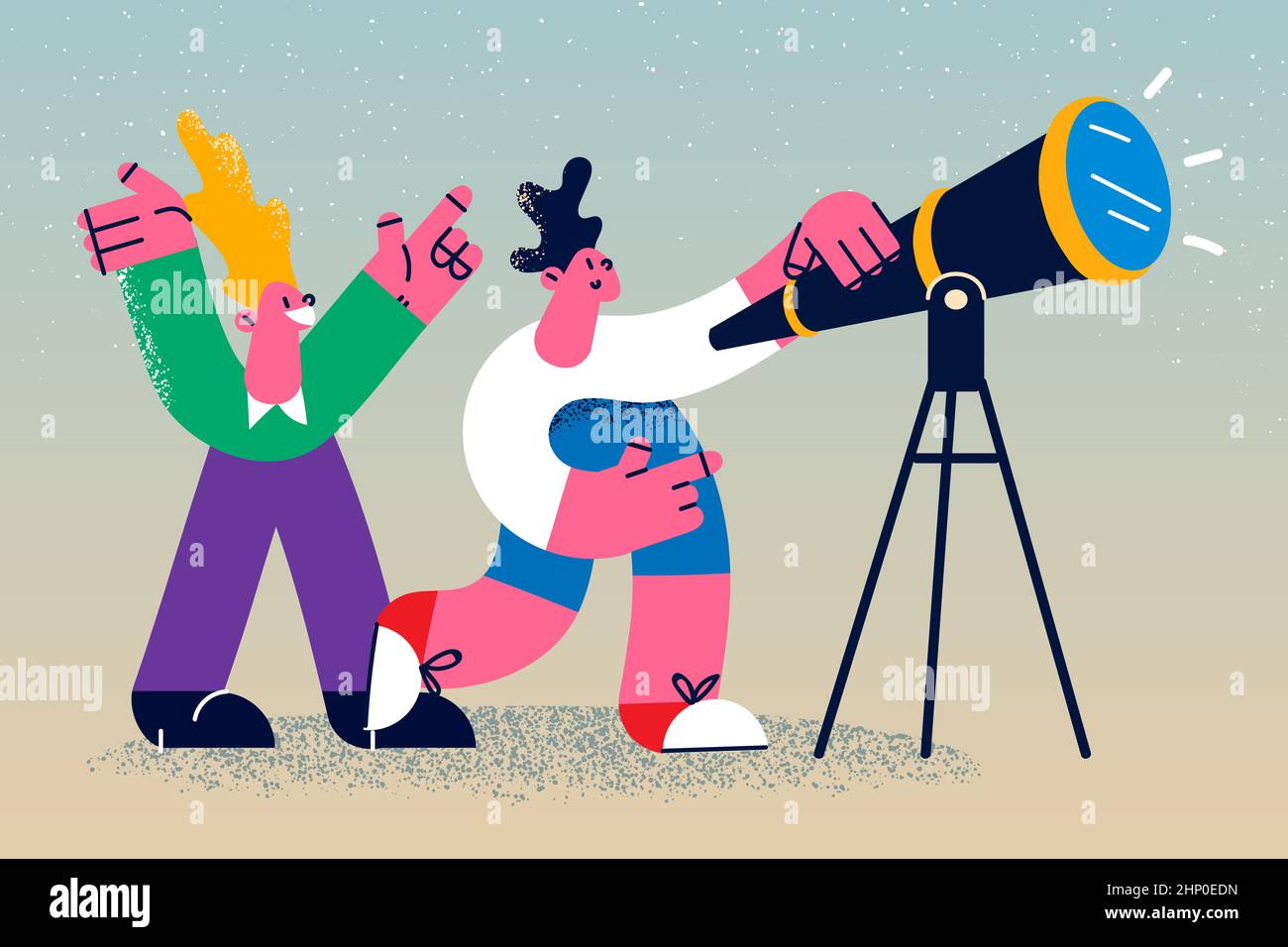 Smiling friends look in telescope see stars in starry night sky. Happy ...