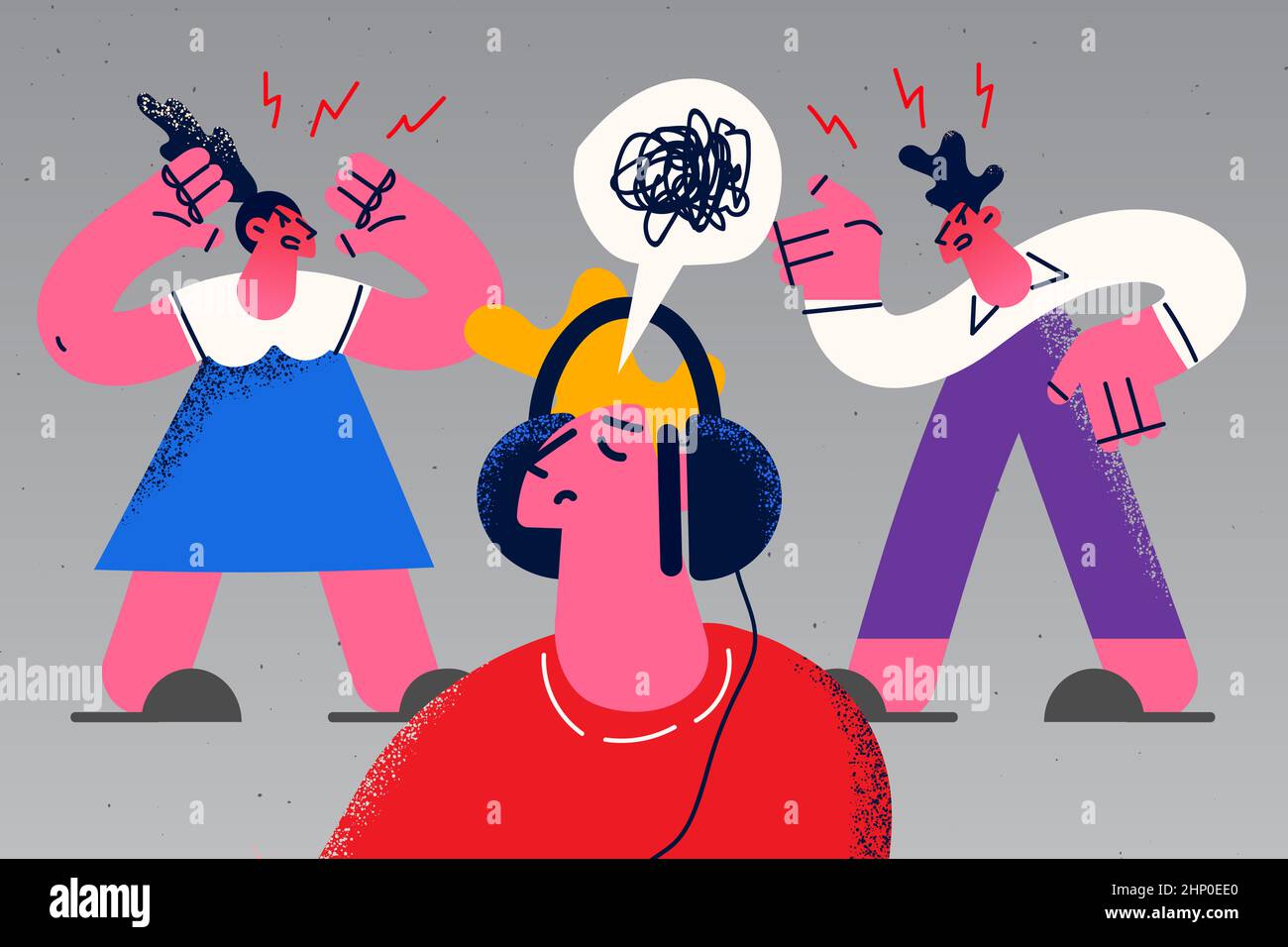 Sad boy child in headphones try ignore angry parents argue quarrel at ...