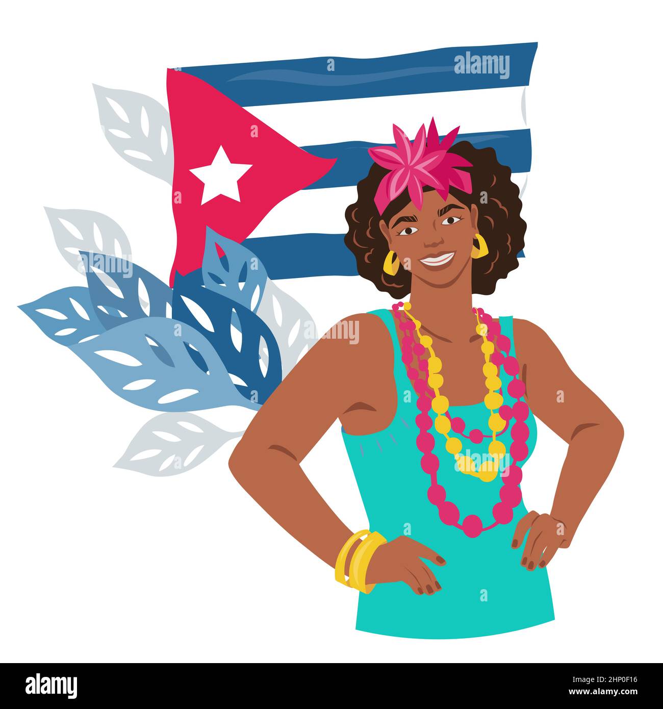 Cuban woman at backdrop of Cuba national flag. Native or inhabitant of ...