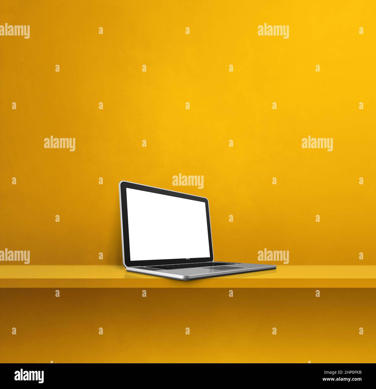 Laptop computer on yellow shelf. Square background. 3D Illustration ...