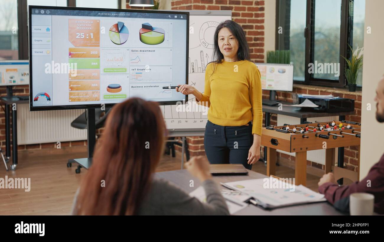 Diverse team meeting to brainstorm ideas for big presentation in boardroom office. Business ...