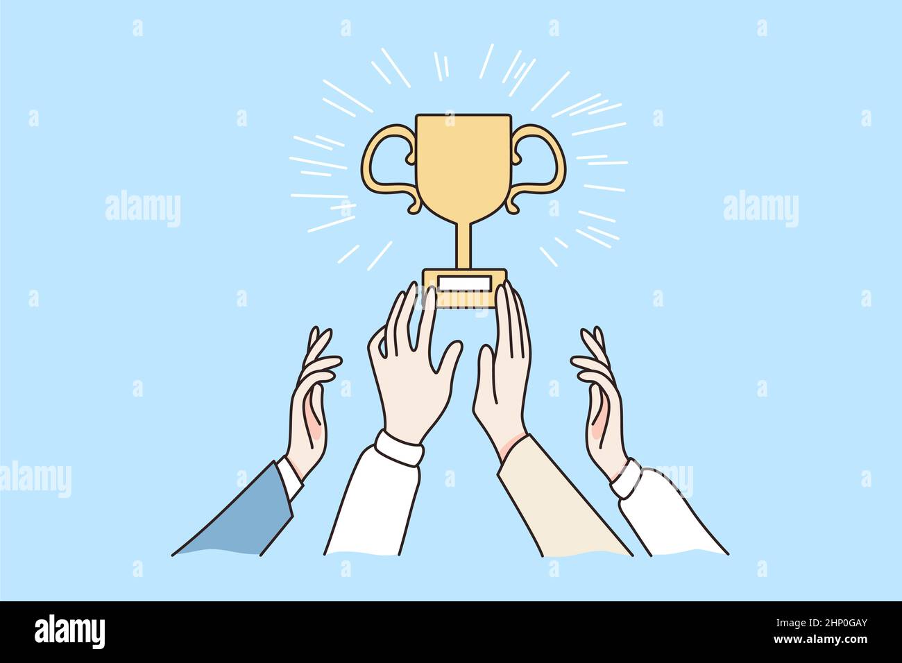 Teamwork, success and achievement concept. Hands of coworkers reaching ...