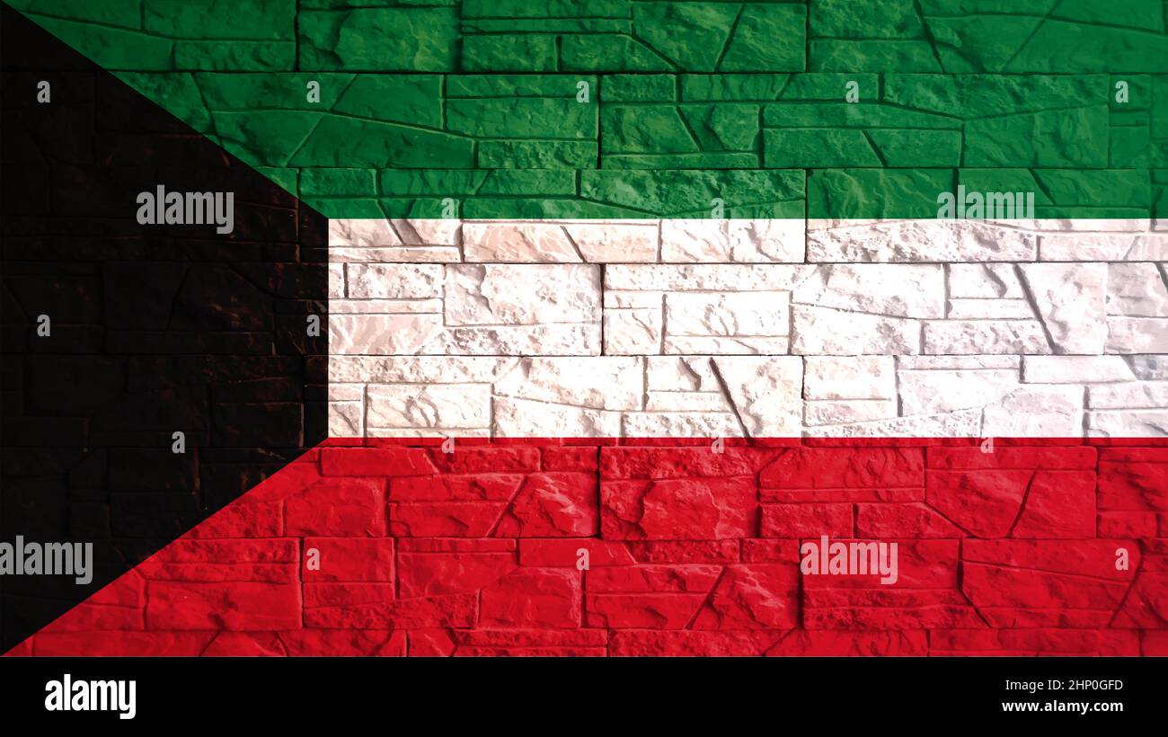 Kuwait flag with gray stone wall tiles texture. Texture of old poster ...