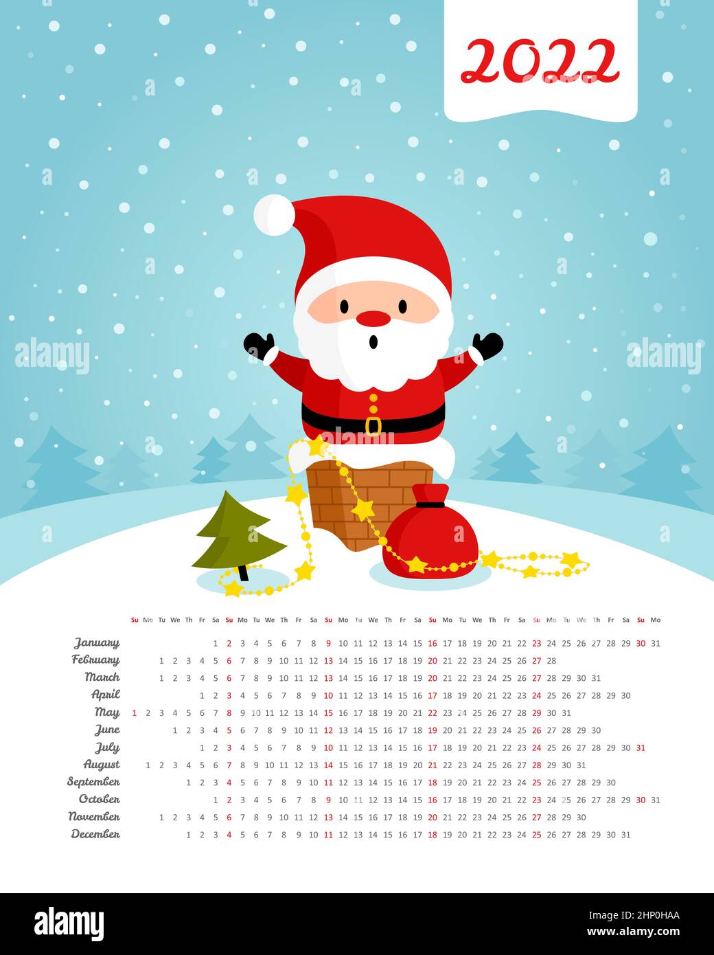 Calendar 2022 year. Santa Claus stuck in chimney. Garland, bag of gifts ...