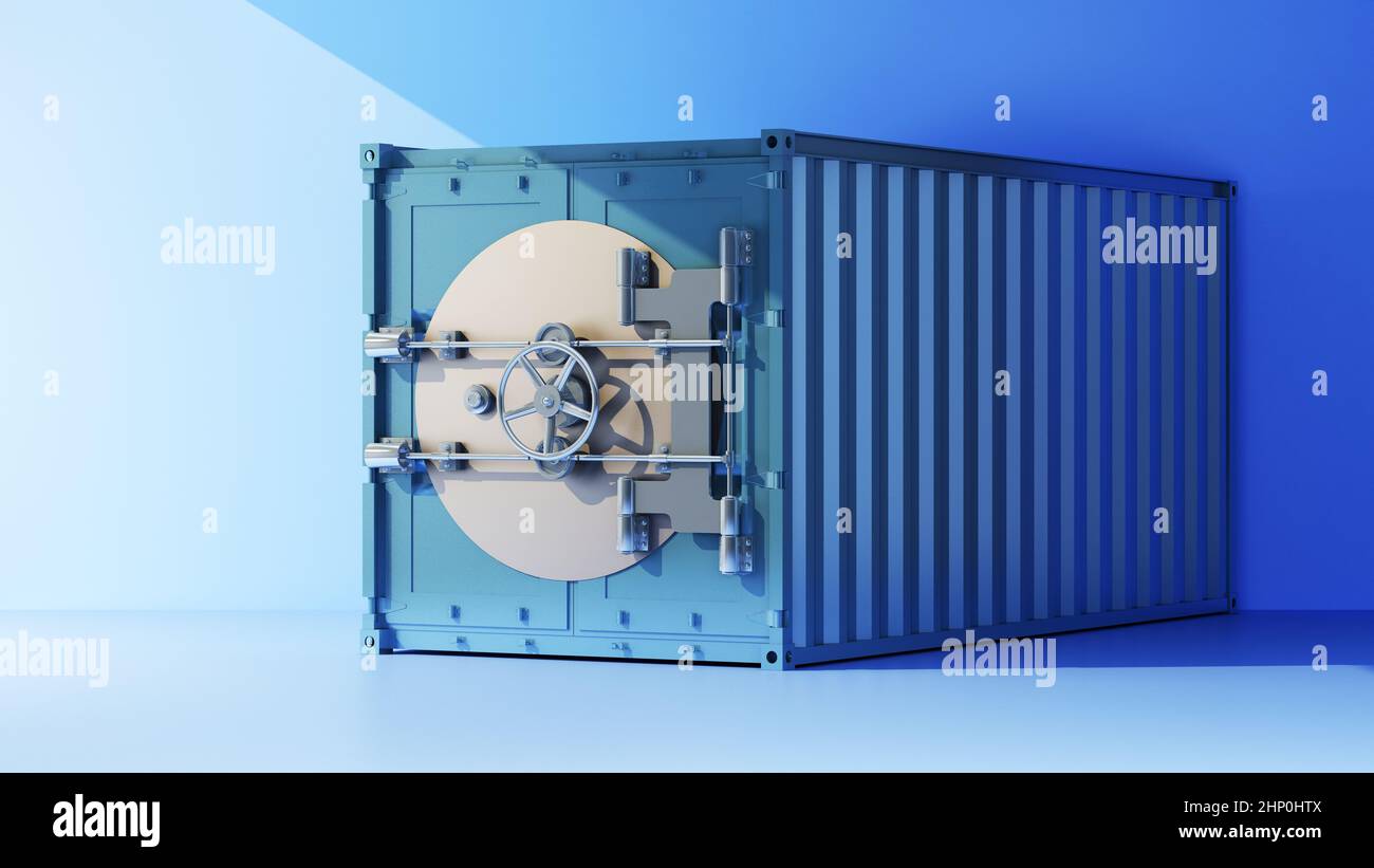 concept blue shipping container with safe door. 3d rendering Stock ...