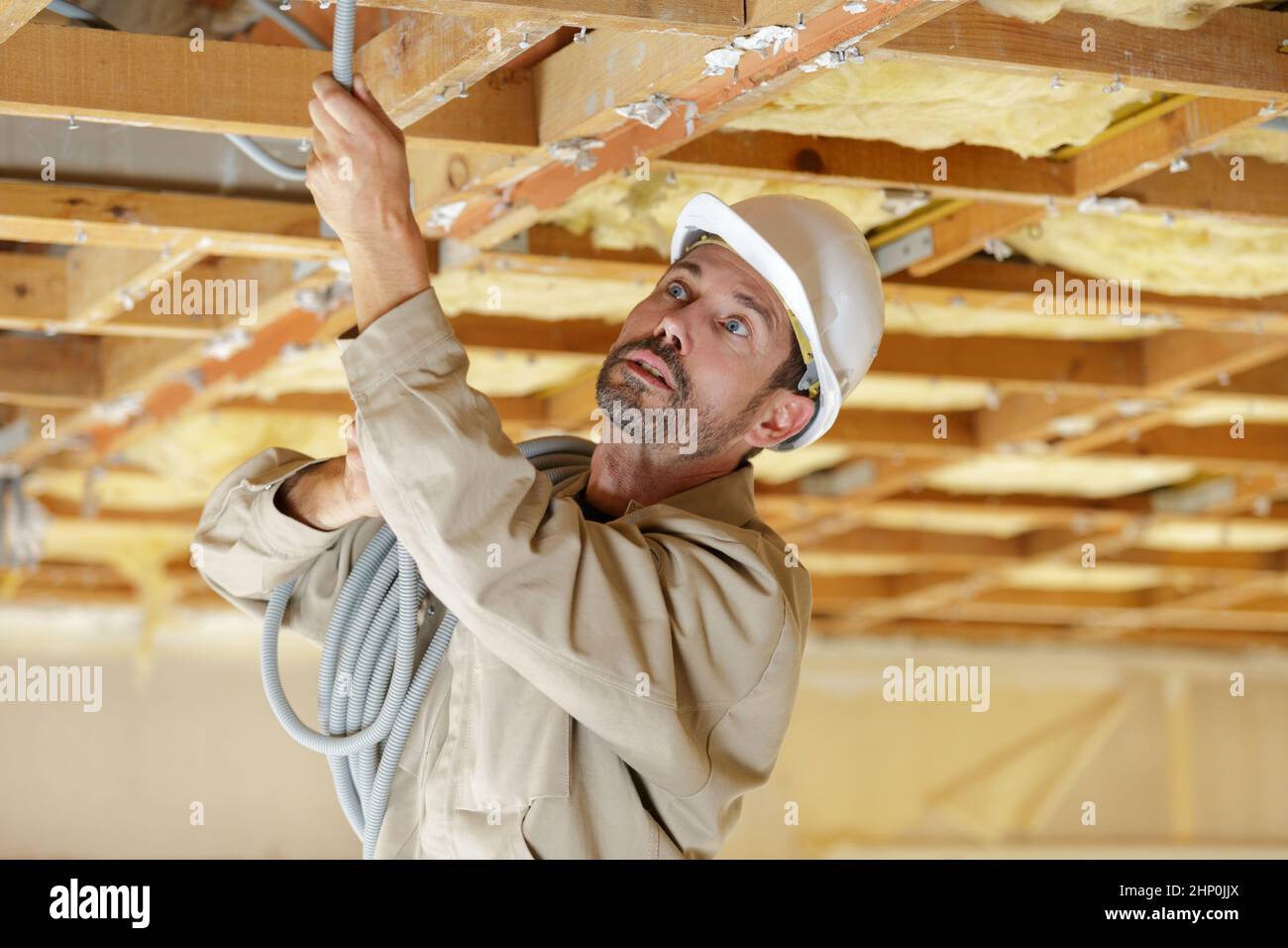 builder passing cable through wooden ceiling joists Stock Photo - Alamy