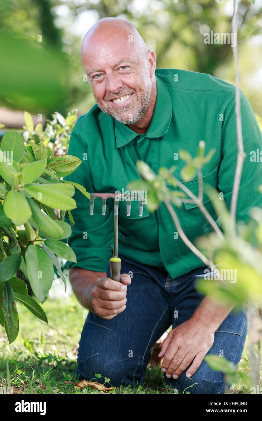 man holding a small rake Stock Photo - Alamy