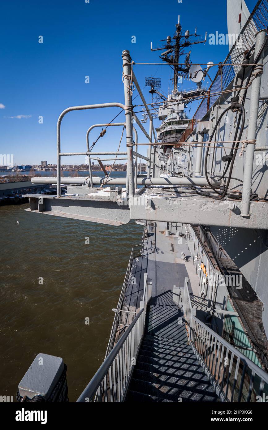 View of the island and stairs to the hangar deck of the USS Intrepid ...