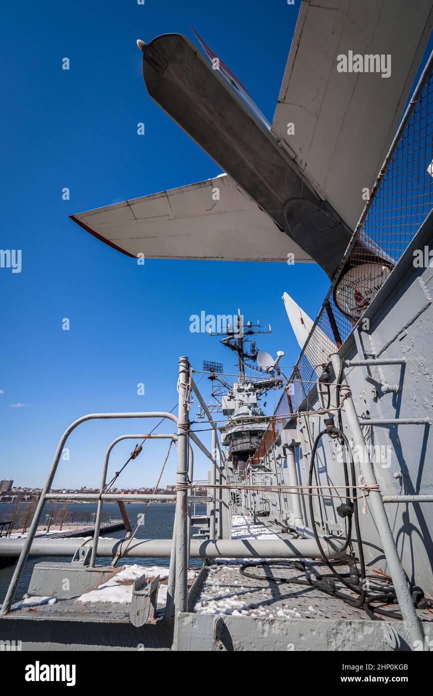 View of the island and airplanes parked on the flight deck of the USS ...