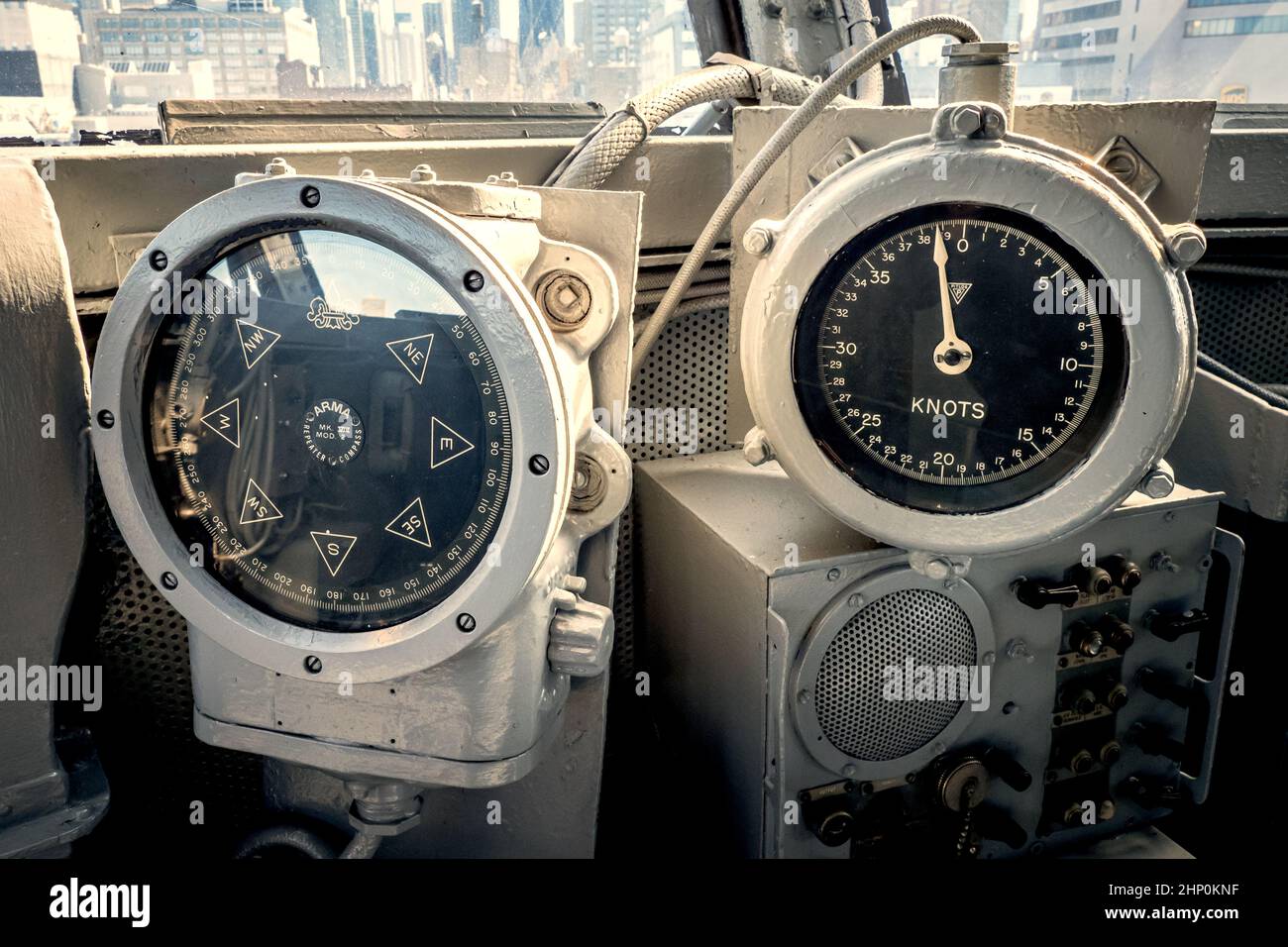 View of the large speedometer and compass rose on the bridge of the USS ...